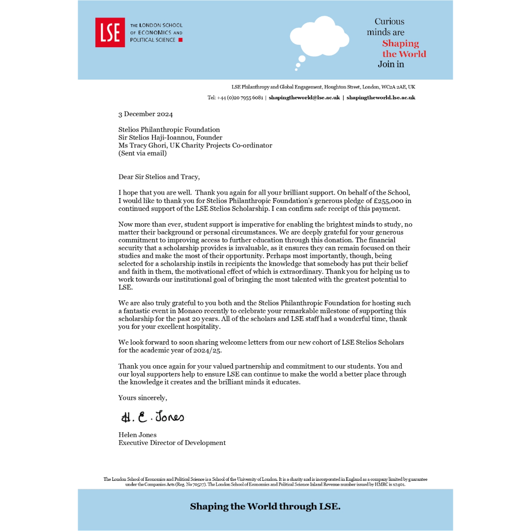 London School of Economics (LSE) expresses gratitude to Sir Stelios for ...